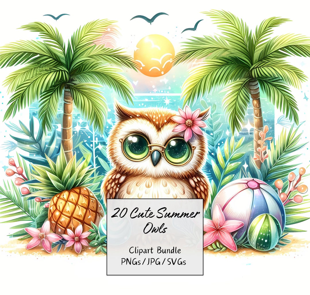 Cute Summer Owls Clipart Bundle, Watercolor Owl Clip Art Images, High ...