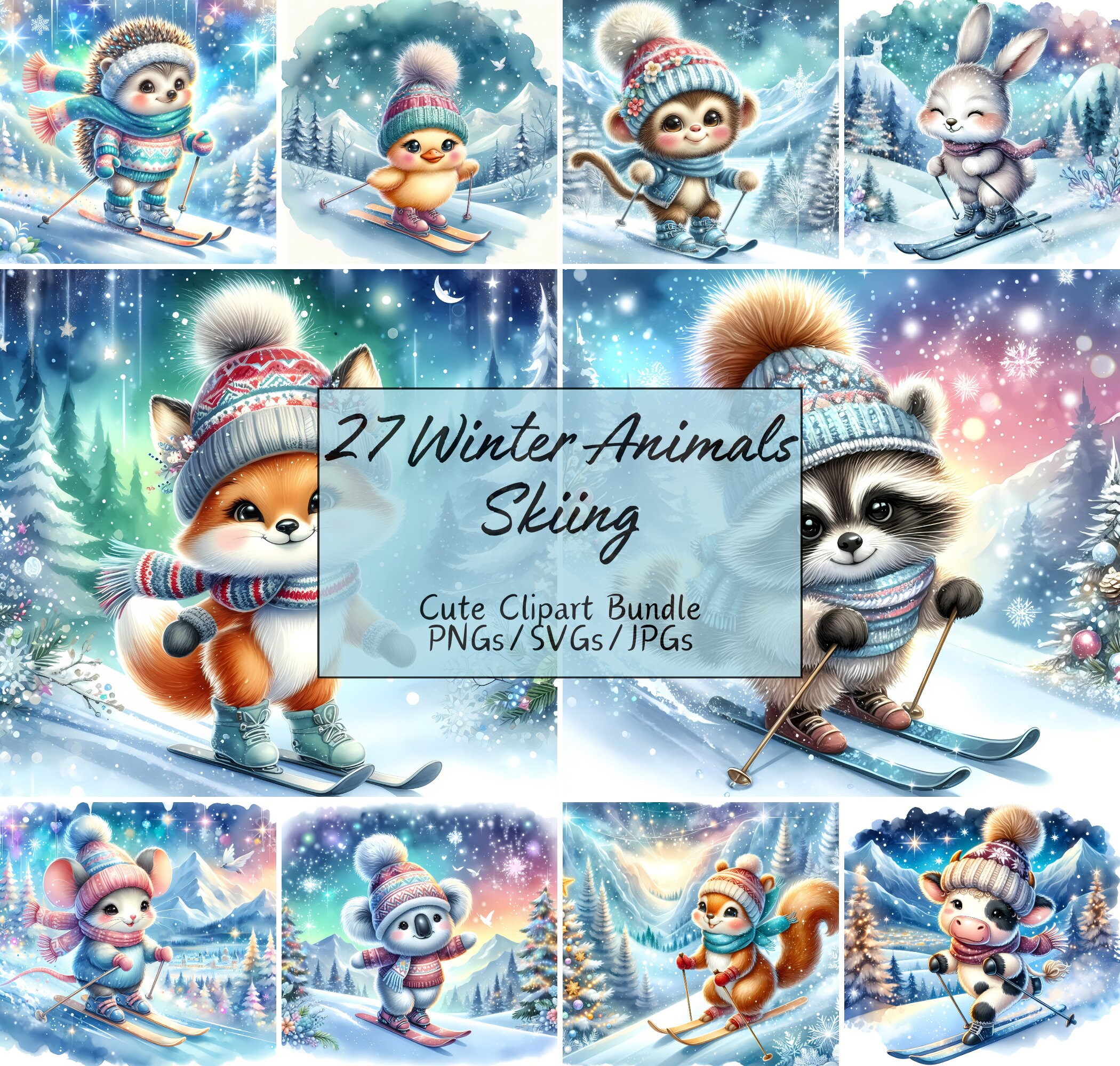 Cute Winter Animals Skiing Clipart Bundle, Festive Watercolor Clip Art ...