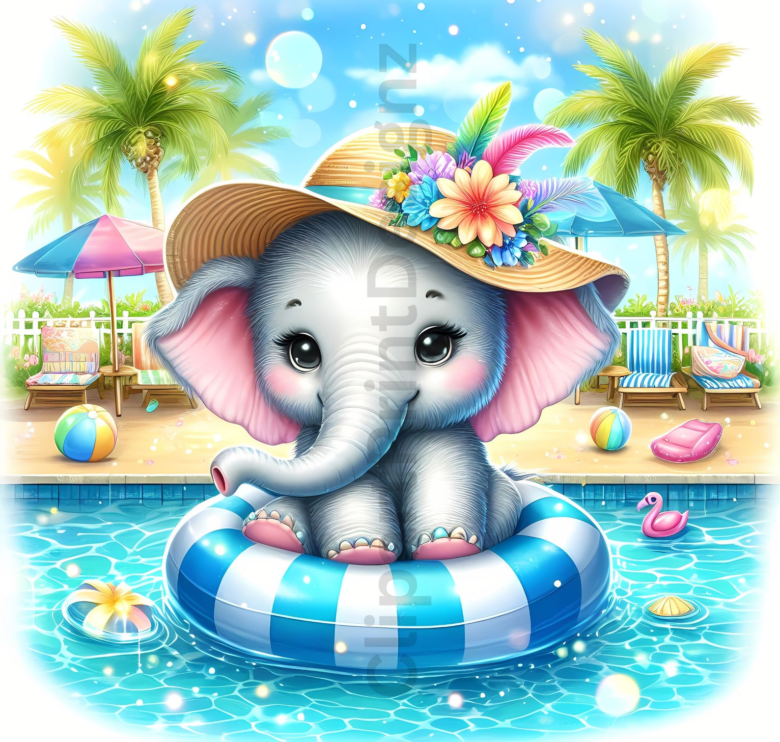 Cute Summer Pool Animals Clipart Bundle, Watercolor Sun Clip Art Images ...