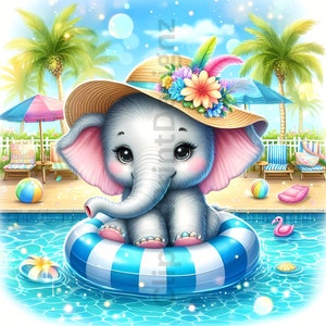 Cute Summer Pool Animals Clipart Bundle, Watercolor Sun Clip Art Images ...