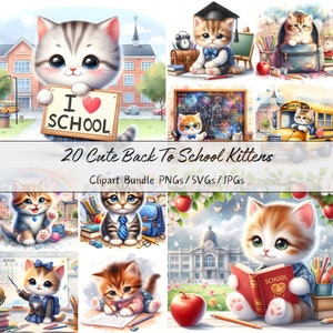 Cute Back to School Kittens Clipart Bundle, Watercolor Cat Clip Art ...