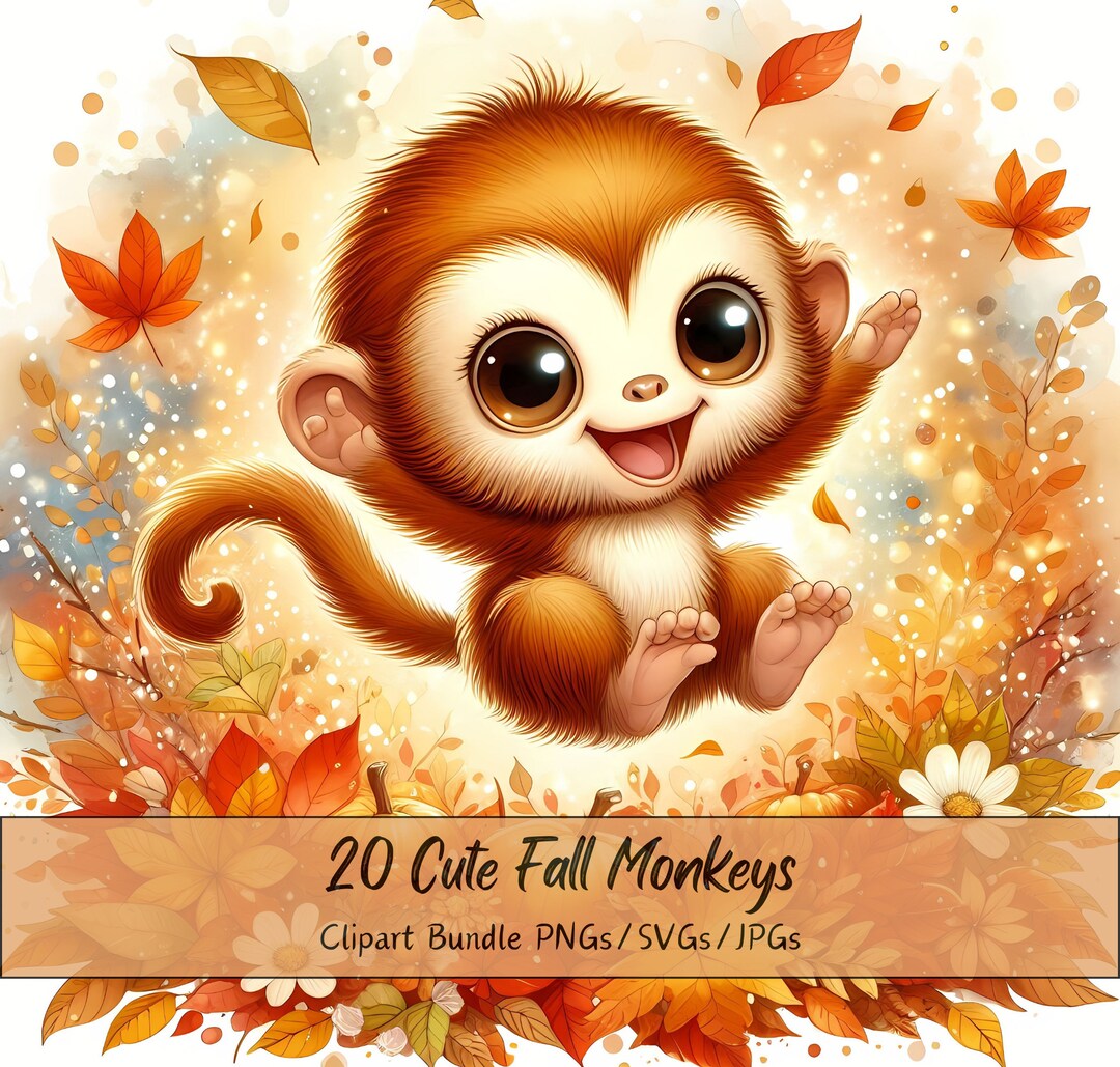 Cute Fall Monkeys Clipart Bundle, Watercolor Monkey Clip Art Images ...