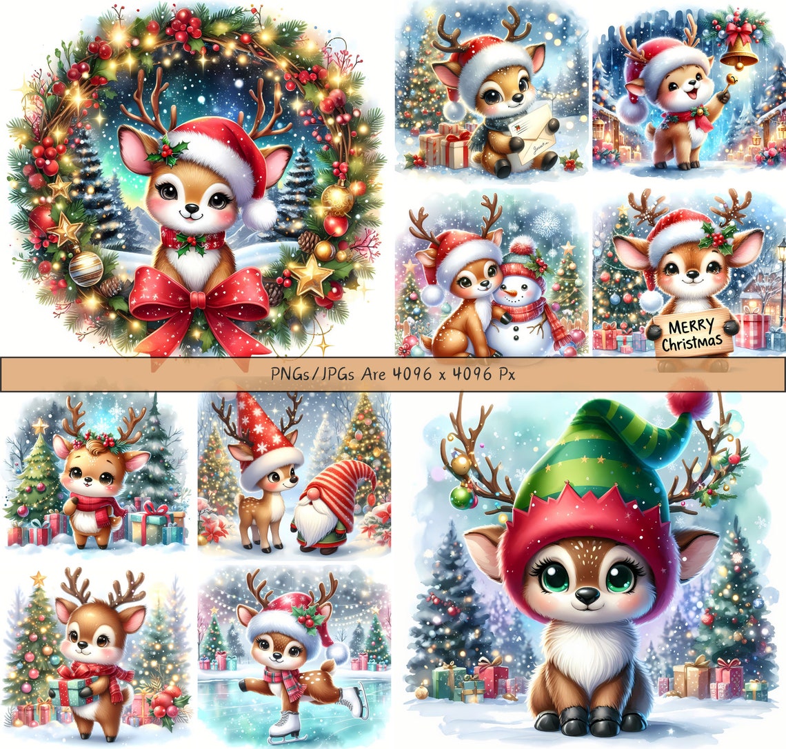 Cute Christmas Reindeers Clipart Bundle, Xmas Reindeer Clip Art Images ...