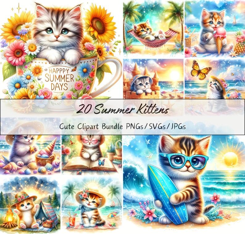 Cute Summer Kittens Clipart Bundle, Watercolor Kitten Clip Art Images ...