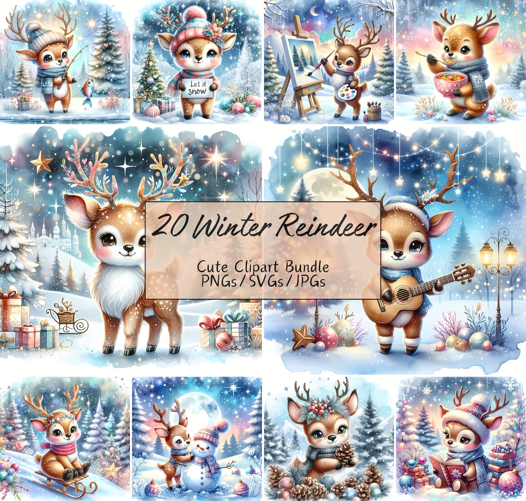 Cute Winter Reindeers Clipart Bundle, Festive Watercolor Clip Art ...