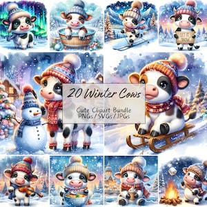 Cute Winter Cow Clipart Bundle, Festive Watercolor Clip Art Images, 20 ...