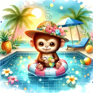 Cute Summer Pool Animals Clipart Bundle, Watercolor Sun Clip Art Images ...