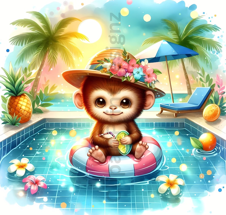 Cute Summer Pool Animals Clipart Bundle, Watercolor Sun Clip Art Images ...