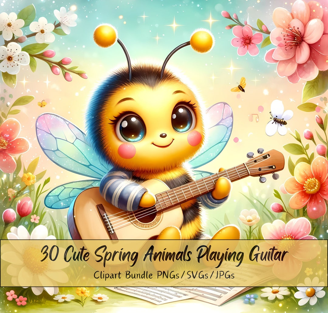 Cute Spring Animals Playing on Guitars Clipart Bundle, Watercolor Clip ...