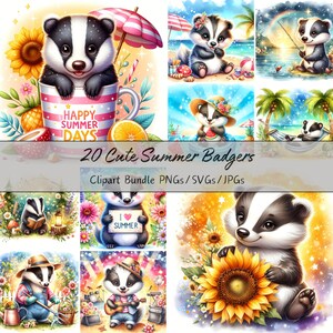 Cute Summer Badgers Clipart Bundle, Watercolor Badger Clip Art Images ...