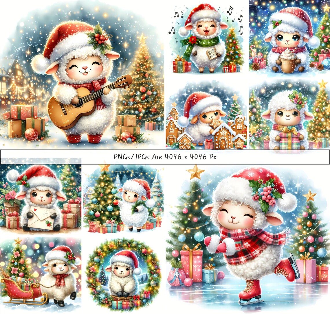Cute Christmas Sheep Clipart Bundle, Xmas Lamb Clip Art Images ...