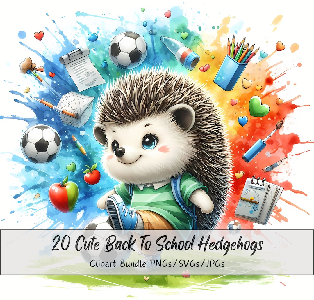 Cute Back to School Hedgehogs Clipart Bundle, Watercolor Hedgehog Clip ...