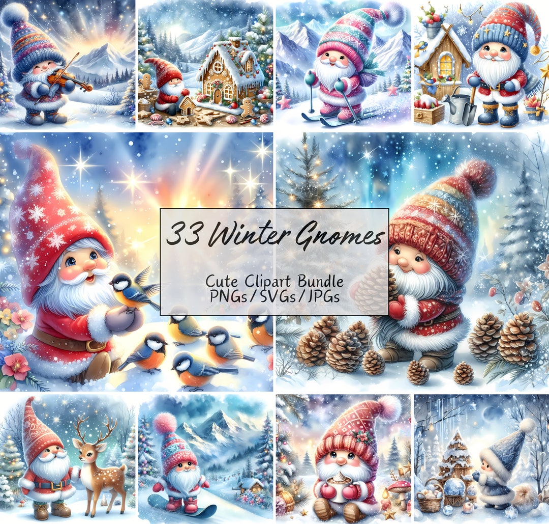 Cute Festive Winter Gnomes Clipart Bundle, Watercolor, 33 High Quality ...