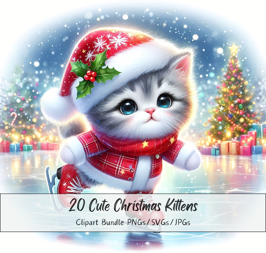 Cute Christmas Kittens Clipart Bundle, Xmas Kitten Clip Art Images ...
