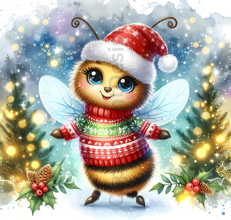 Cute Christmas Bees Clipart Bundle, Xmas Bee Clip Art Images ...