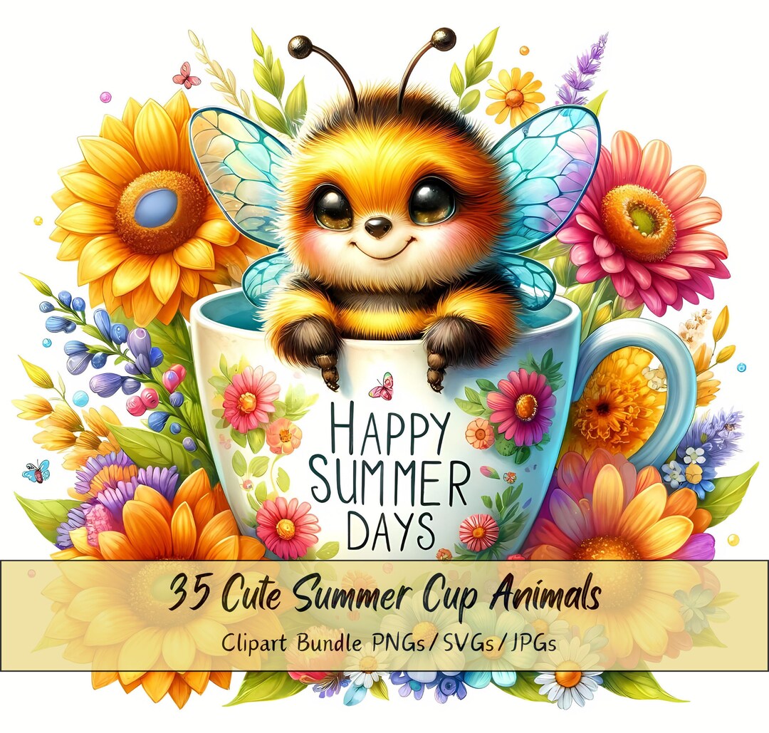 Cute Summer Cup Animals Clipart Bundle, Watercolor Floral Clip Art ...