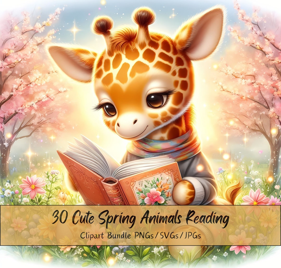 Cute Spring Animals Reading Clipart Bundle, Watercolor Clip Art Images ...