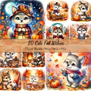 Cute Fall Wolves Clipart Bundle, Watercolor Autumn Wolf Clip Art Images ...