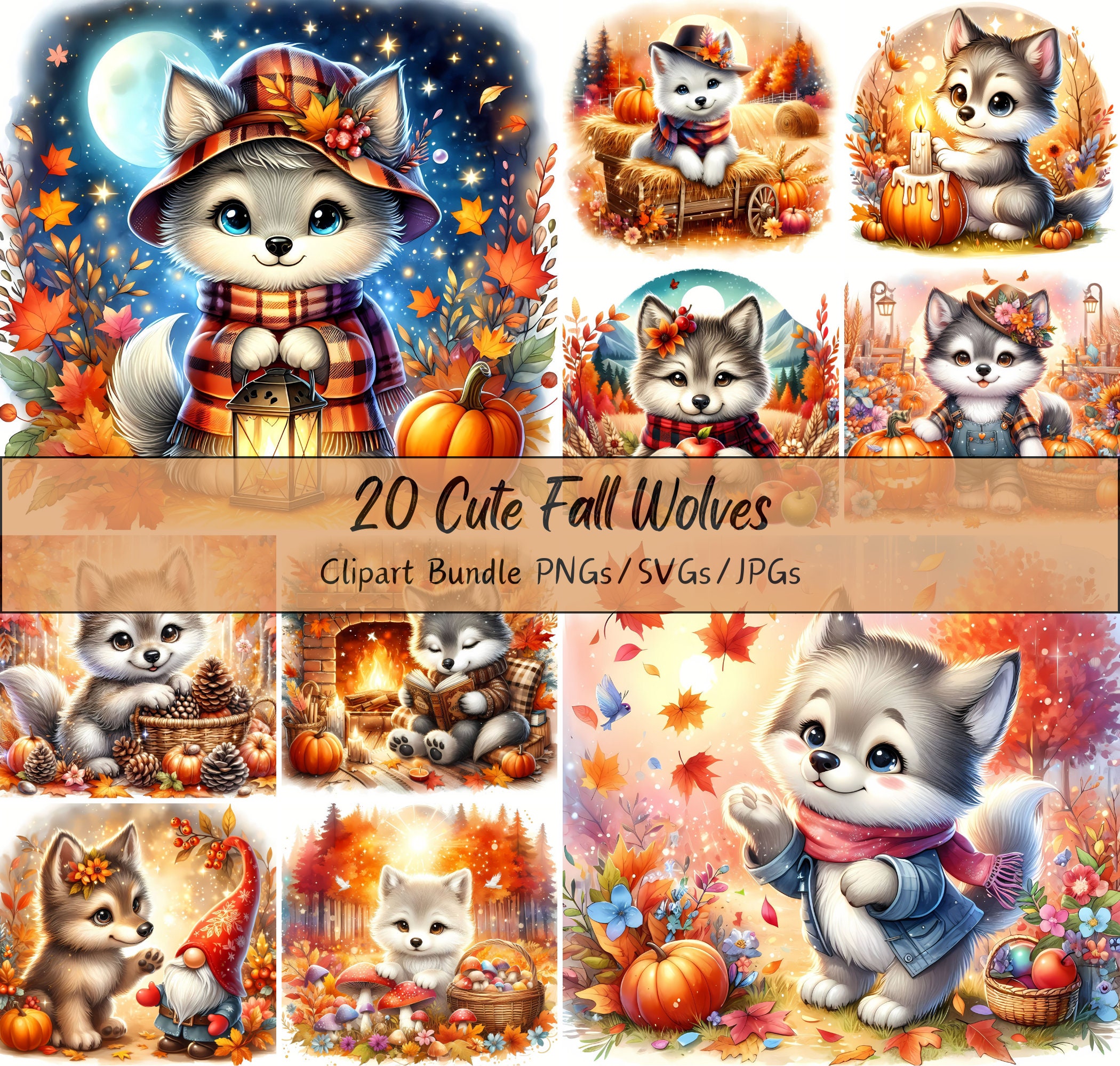 Cute Fall Wolves Clipart Bundle, Watercolor Autumn Wolf Clip Art Images ...
