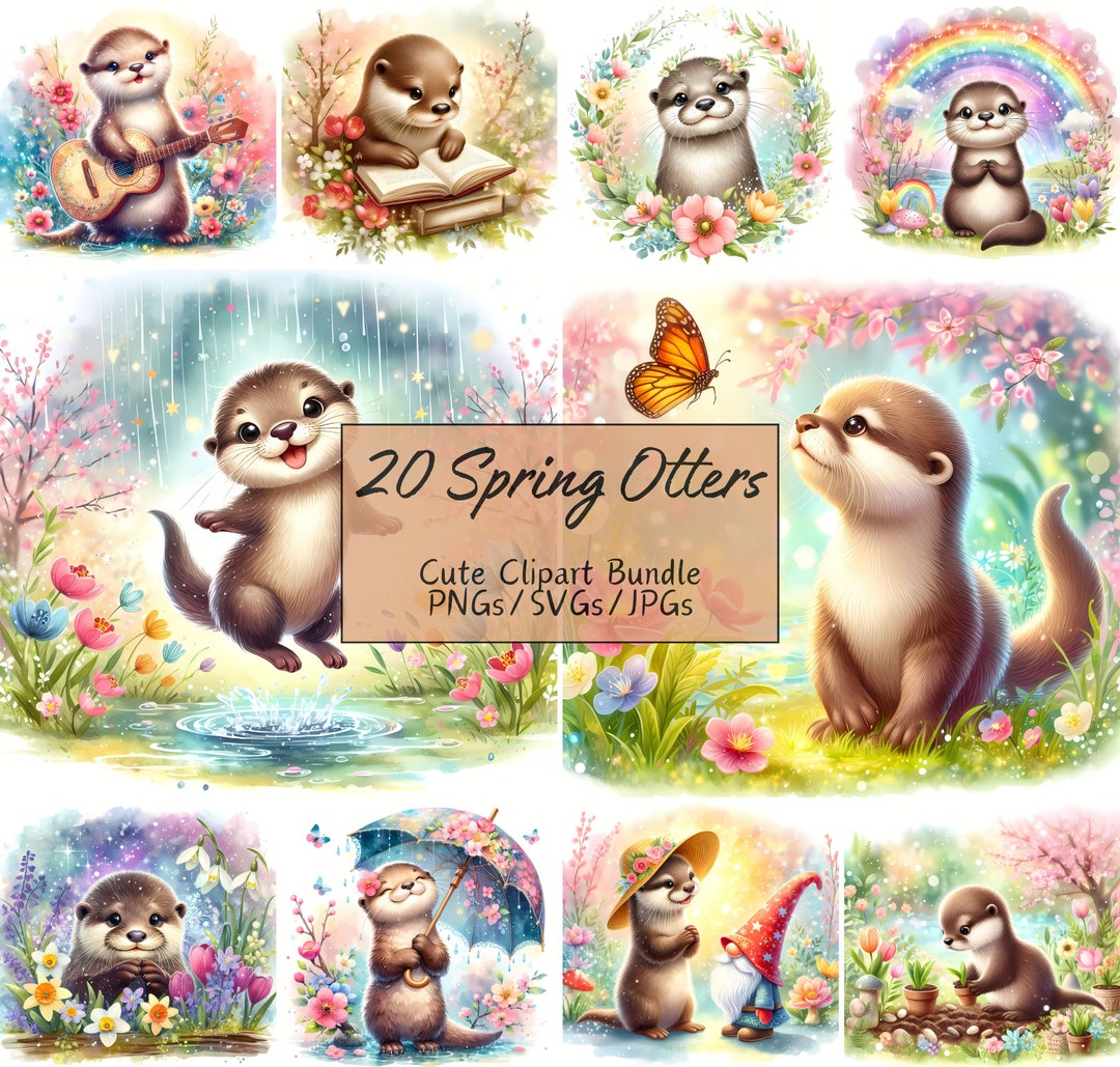 Cute Spring Otters Clipart Bundle, Watercolor Clip Art Images, High ...