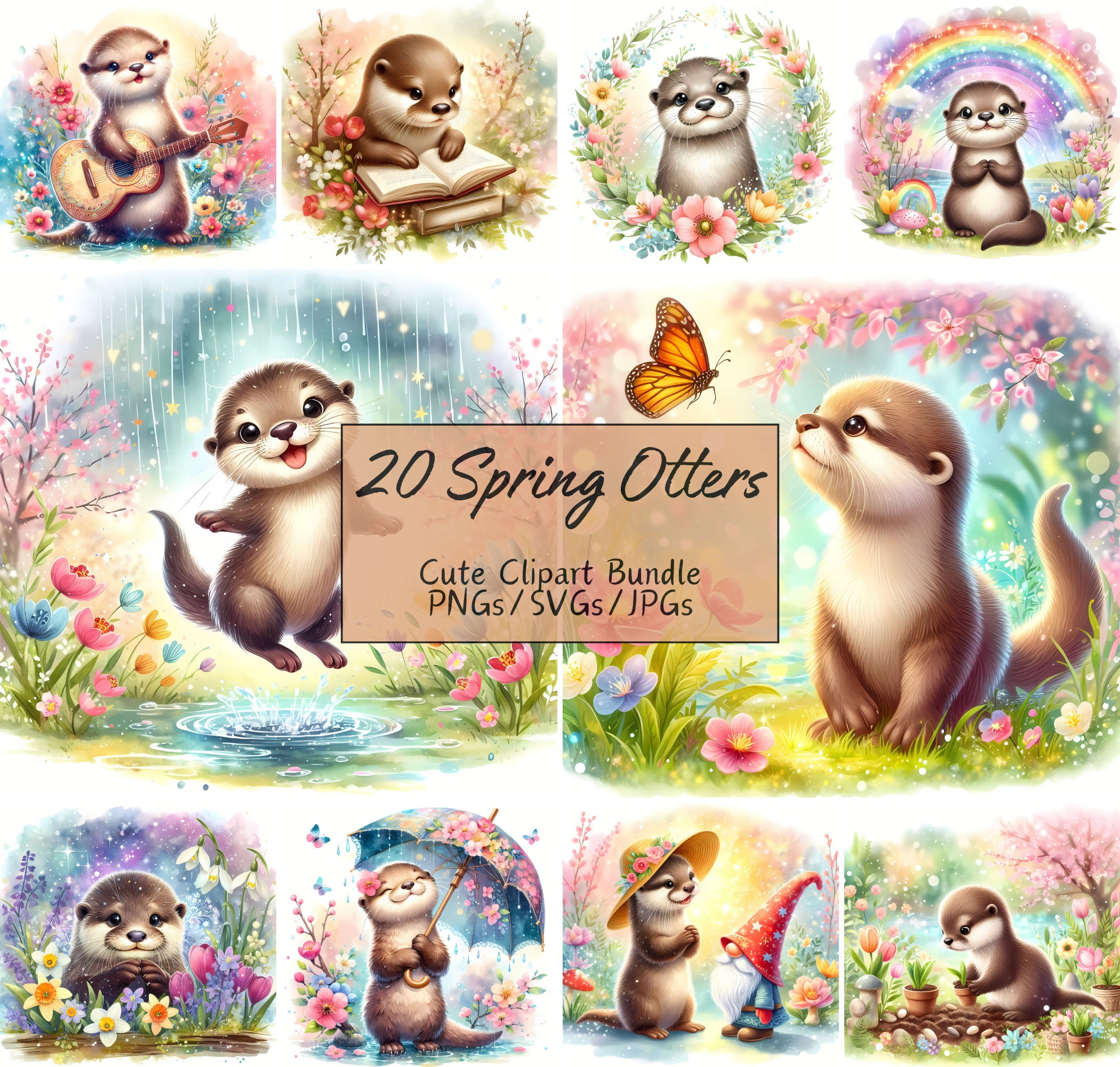 Cute Spring Otters Clipart Bundle, Watercolor Clip Art Images, High ...