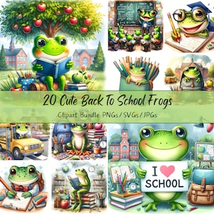 Cute Back to School Frogs Clipart Bundle, Watercolor Frog Clip Art ...