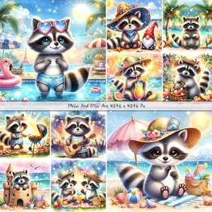 Cute Summer Raccoons Clipart Bundle, Watercolor Raccoon Clip Art Images ...