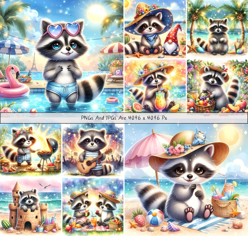 Cute Summer Raccoons Clipart Bundle, Watercolor Raccoon Clip Art Images ...