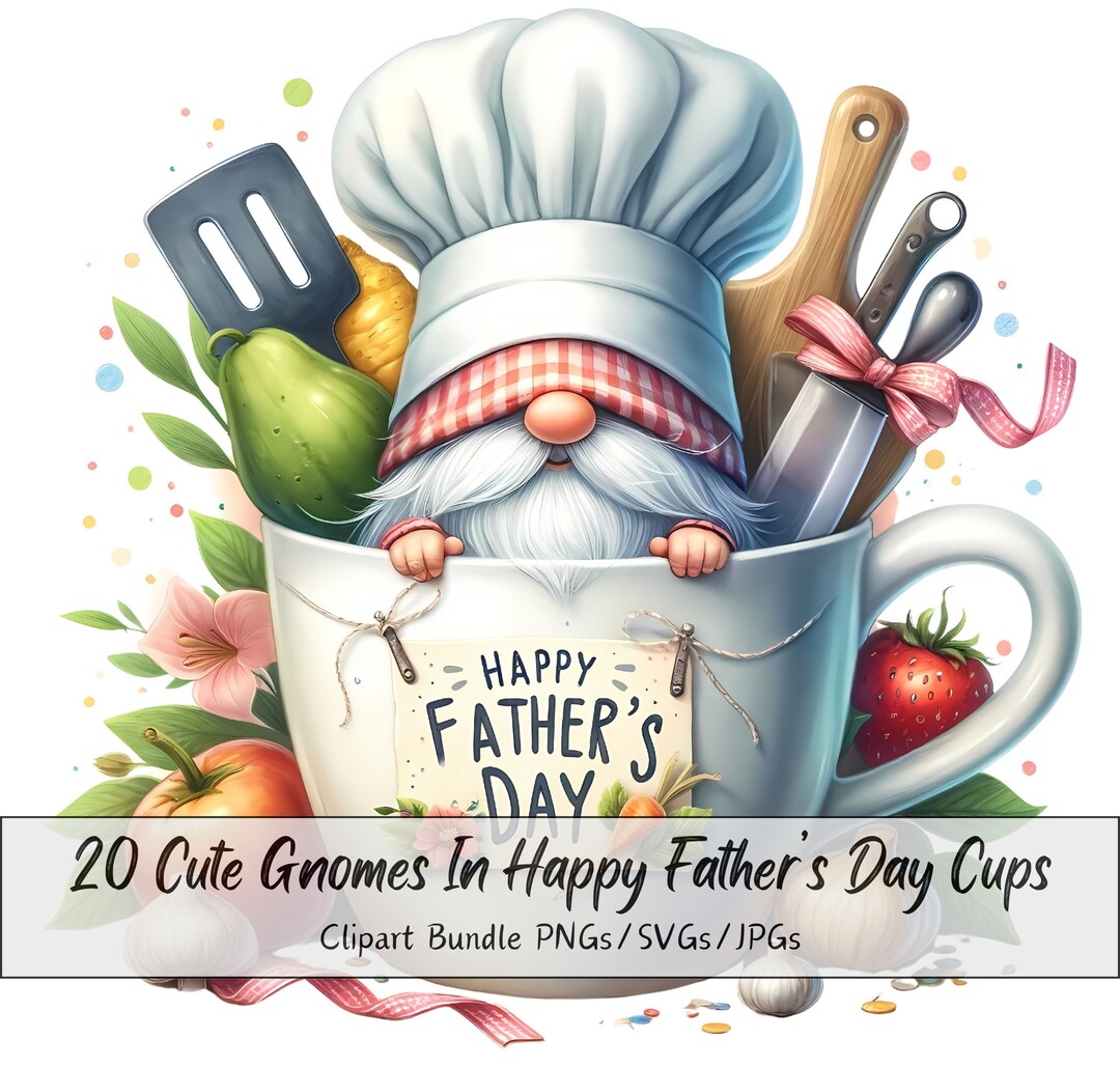Cute Gnomes in Happy Father's Day Cups Clipart Bundle, Watercolor Clip ...