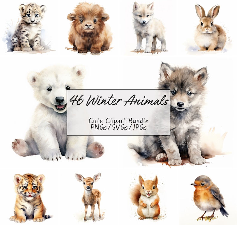 46 Watercolor Winter Animals Clipart Bundle, Cute Baby Animals, Nursery ...