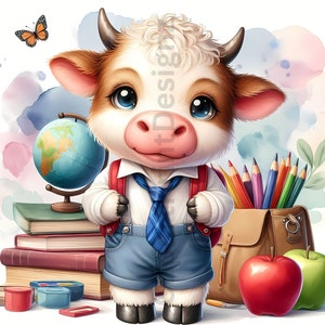 Cute Back to School Cows Clipart Bundle, Watercolor Cow Clip Art Images ...