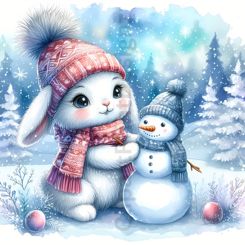 Cute Winter Bunny Clipart Bundle, Festive Watercolor Clip Art Images ...