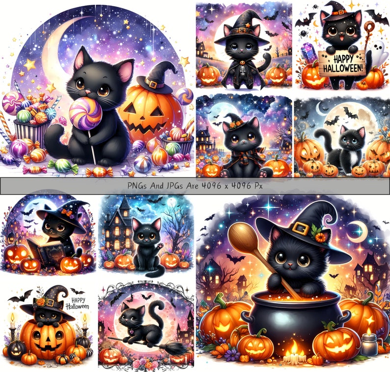 Cute Halloween Black Cats Clipart Bundle, Watercolor Cat Clip Art ...