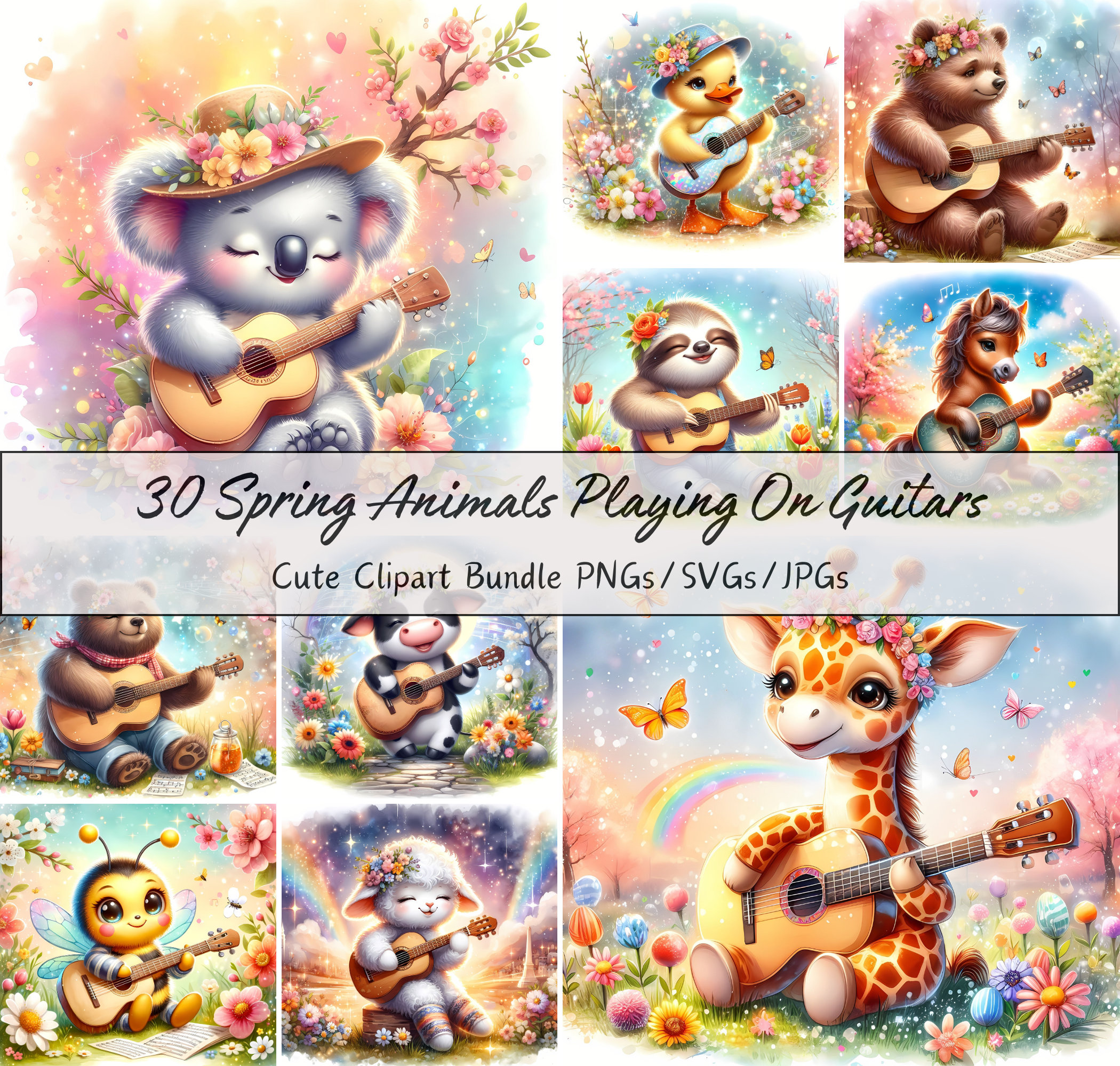 Cute Spring Animals Playing on Guitars Clipart Bundle, Watercolor Clip ...