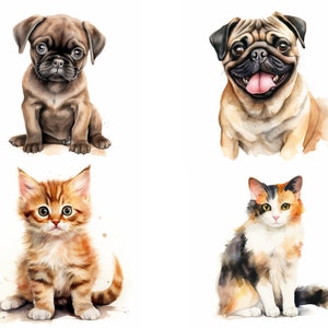 Cute Watercolor Dogs and Cats Breeds, Puppies, Kittens, Adult Dogs ...