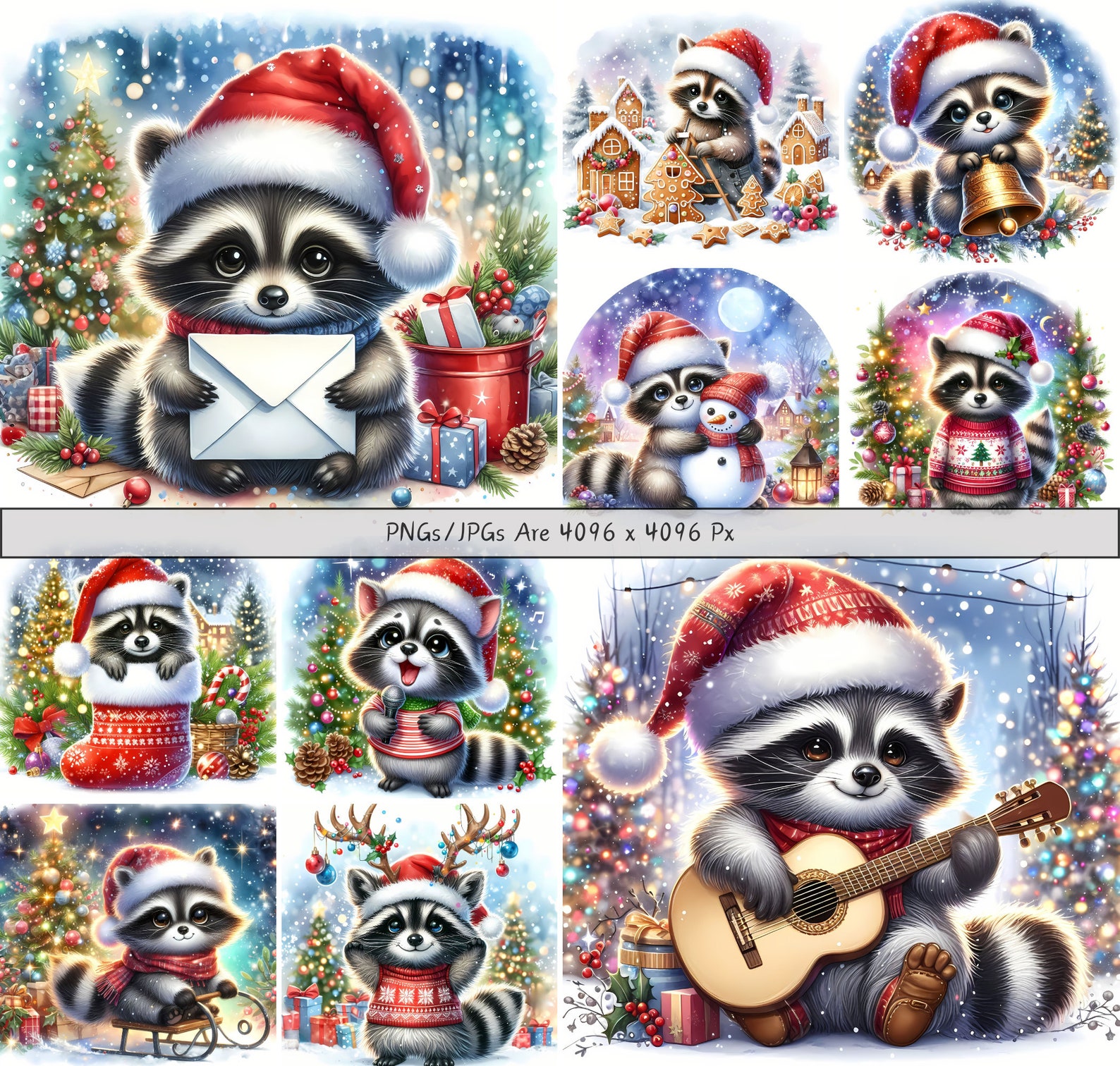 Cute Christmas Raccoons Clipart Bundle, Xmas Raccoon Clip Art Images ...