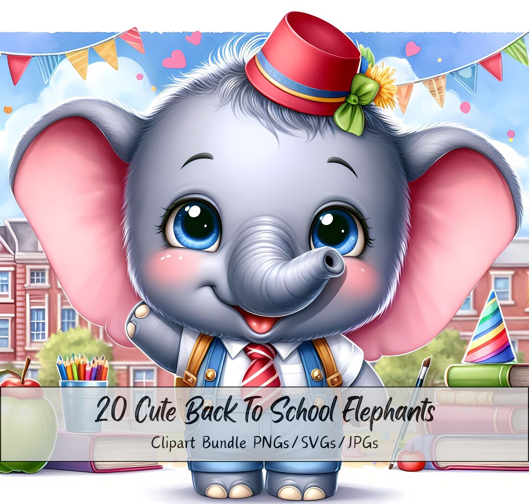 Cute Back to School Elephants Clipart Bundle, Watercolor Elephant Clip ...