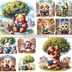 Cute Back to School Animals Reading Clipart Bundle, Watercolor Animal ...