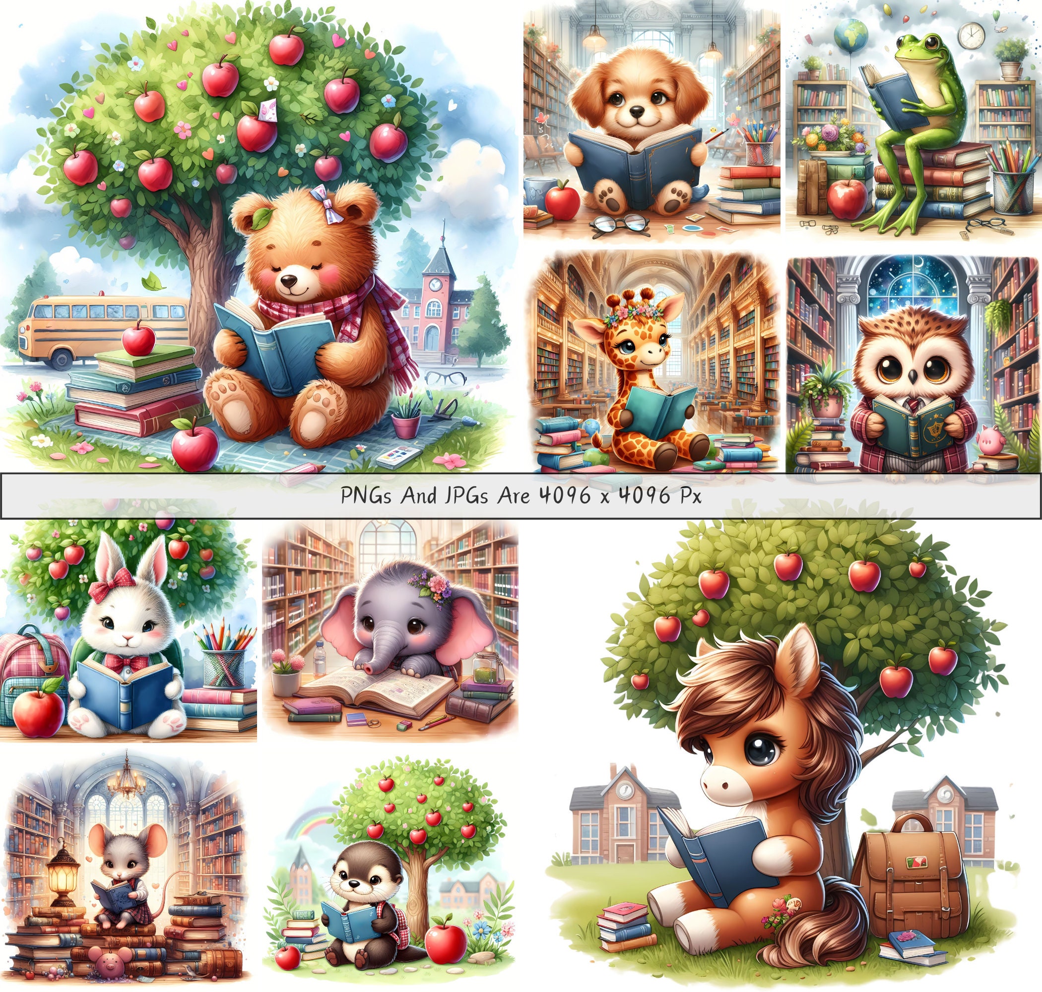 Cute Back to School Animals Reading Clipart Bundle, Watercolor Animal ...