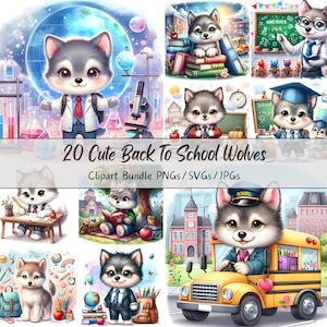 Cute Back to School Wolves Clipart Bundle, Watercolor Wolf Clip Art ...
