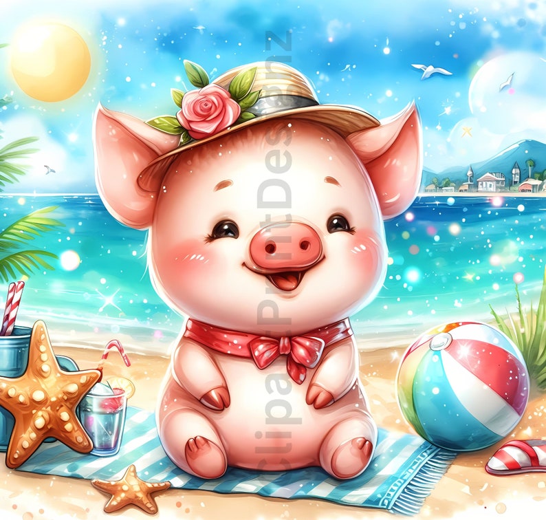 Cute Summer Pigs Clipart Bundle, Watercolor Pig Clip Art Images, High ...