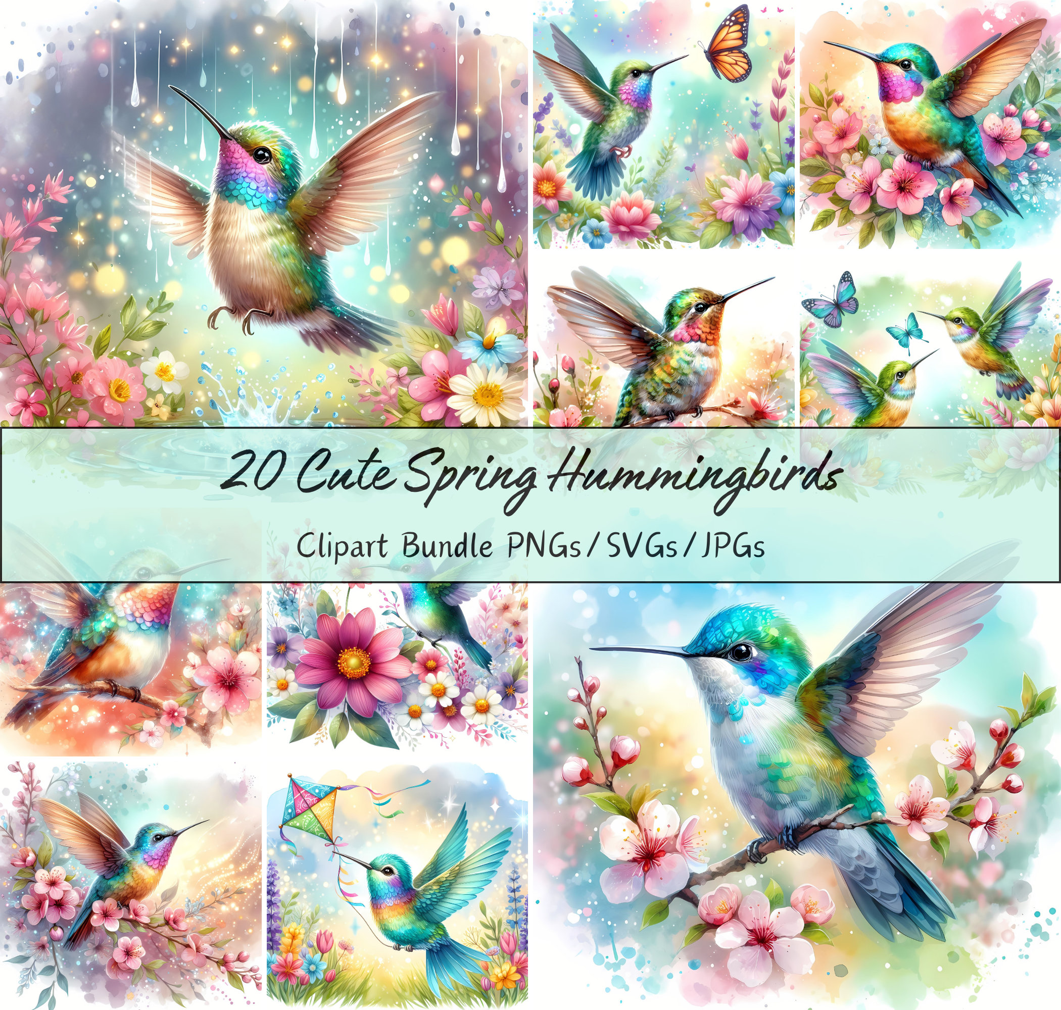 Cute Spring Hummingbirds Clipart Bundle, Watercolor Clip Art Images ...