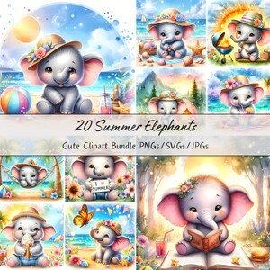 Cute Summer Elephants Clipart Bundle, Watercolor Elephant Clip Art ...