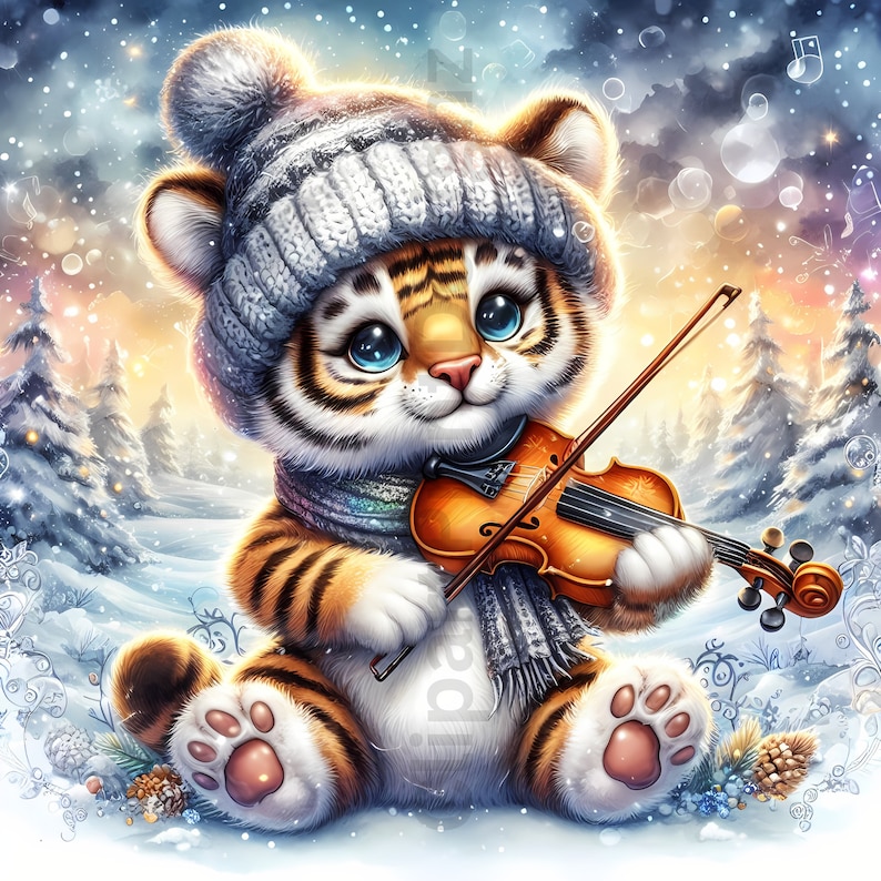 Cute Winter Tiger Clipart Bundle, Festive Watercolor Clip Art Images ...