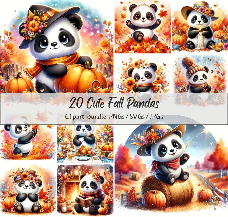 Cute Fall Pandas Clipart Bundle, Watercolor Panda Clip Art Images, High ...