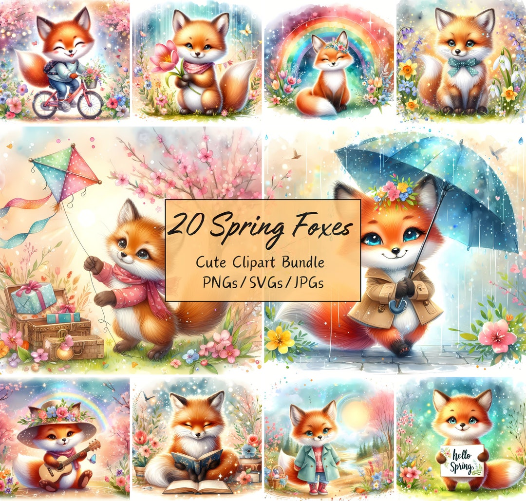 Cute Spring Fox Clipart Bundle, Watercolor Clip Art Images, 20 High Quality Pngs/svgs/jpgs ...