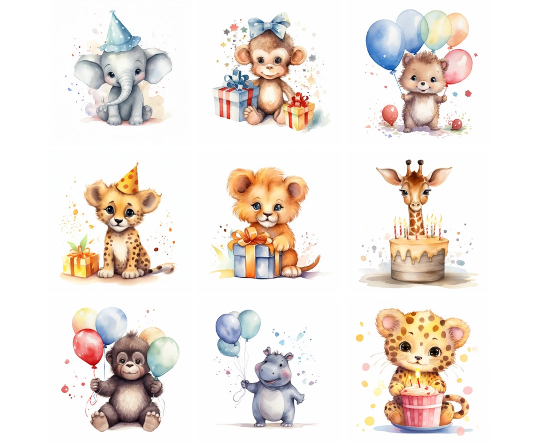 13 Baby Safari Birthday Animals, Watercolor Nursery Animal Clipart ...