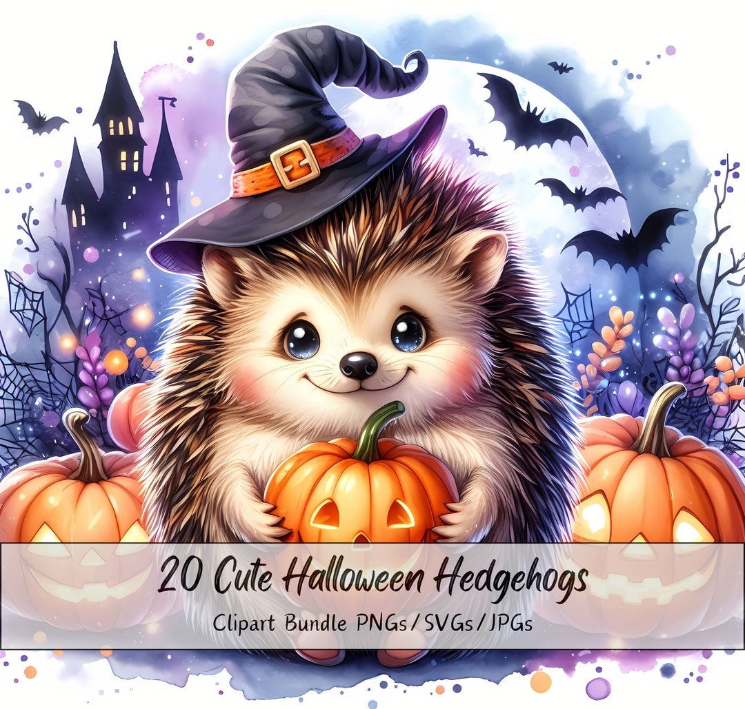 Cute Halloween Hedgehogs Clipart Bundle, Watercolor Hedgehog Clip Art ...