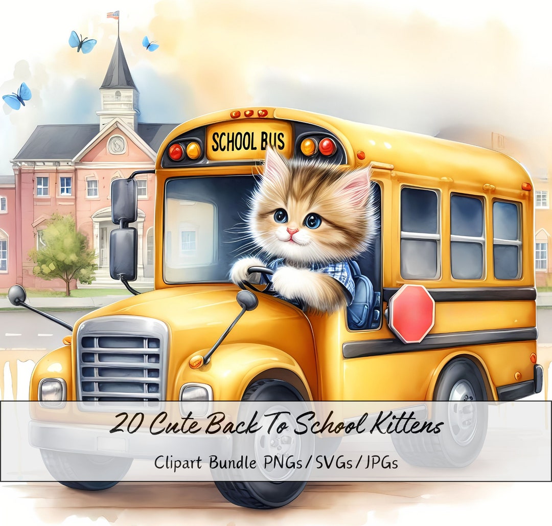 Cute Back to School Kittens Clipart Bundle, Watercolor Cat Clip Art ...