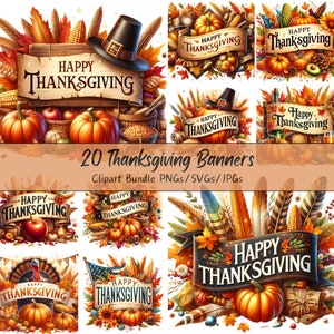 Happy Thanksgiving Banners Clipart Bundle, Watercolor Clip Art Images ...